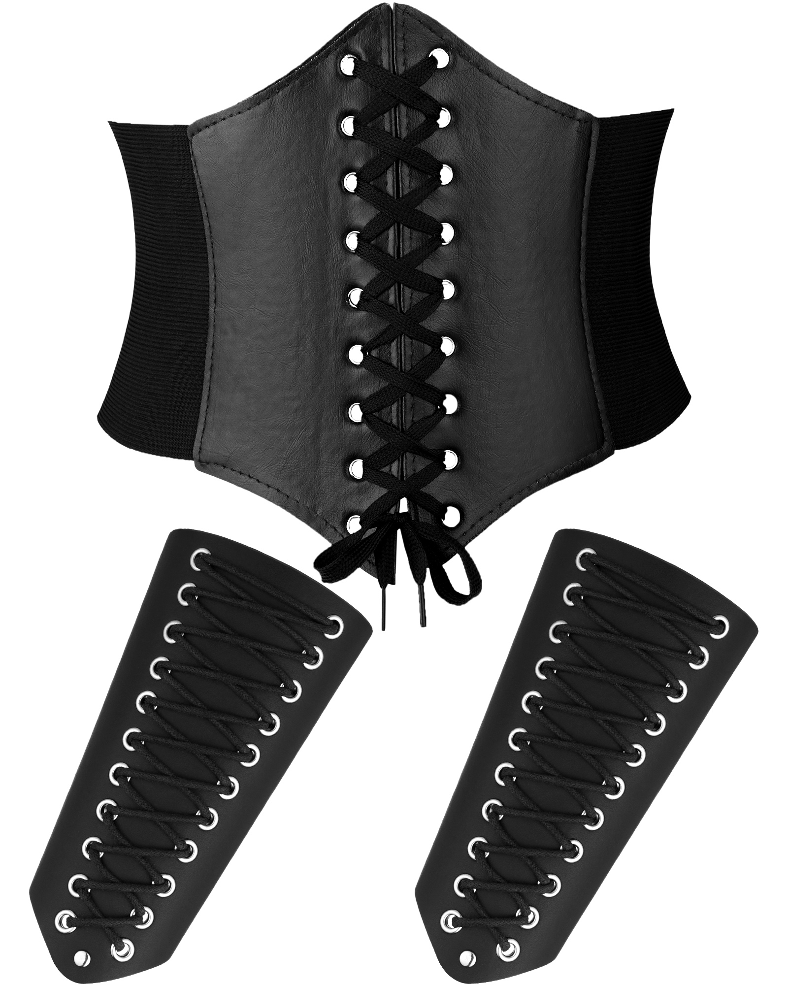 Women Corset Belt Elastic With Faux Leather Gauntlet Wristband Halloween Costume Black